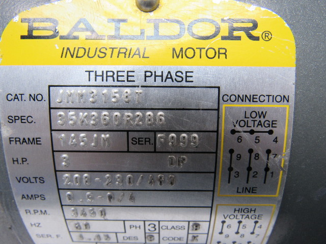 Baldor JMM3158T 3Hp Electric Motor 208-230/460V 3Ph 145JM Frame 3450 ...