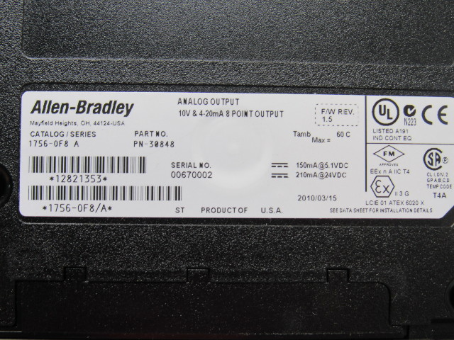 A-B Allen Bradley 30848 1756-0F8 Ser A 8 PT Analog Output module ...