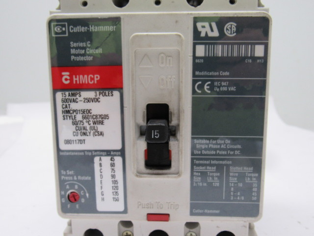 Cutler Hammer HMCP015E0C Circuit Breaker 15A 600V 3 Pole | Bullseye ...