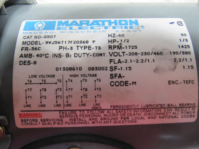 MARATHON G507 1/2 HP AC Electric Motor 1725RPM 50/60Hz 56C TEFC 5/8 ...