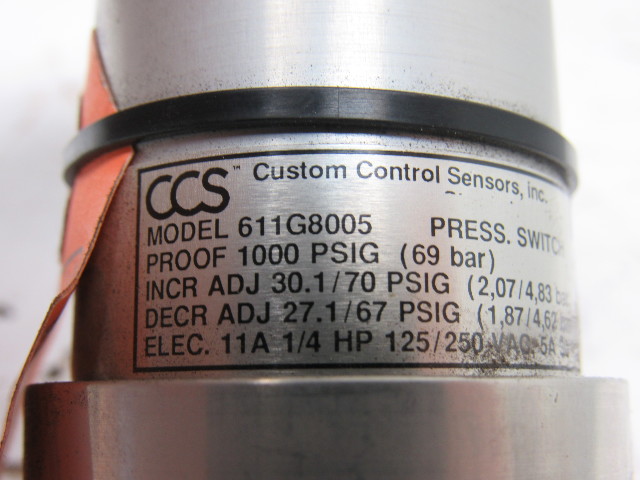 Custom Control Sensors 611G8005 Pressure Switch Set 1000 PSIG ...