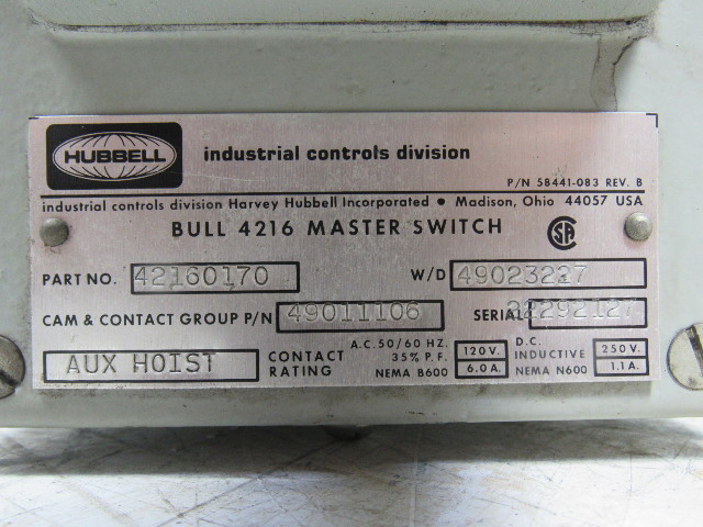 Hubbell 42160170 Master Switch Aux Hoist Control W/Pedestal | Bullseye ...