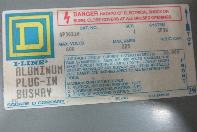 SQUARE D PTB302G /AP302-10 600V 225A 3P 3W Plug In Busway Busbar & Tap ...