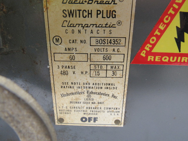 ITE BOS14352 Vacuum Breaker 60A 600V BD Switch Plug Fusible Bus Busplug ...