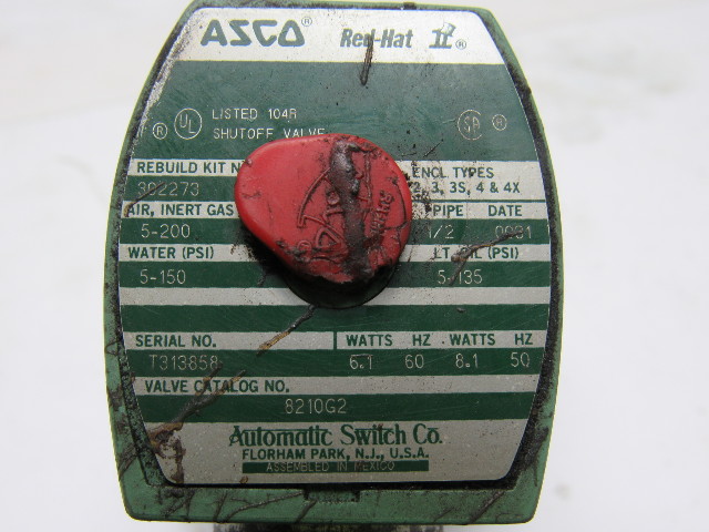 Asco Red Hat 8210G2 Solenoid Valve 1/2" NPT Air Water Gas Light oil 6 ...
