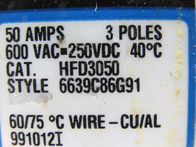 Cutler Hammer HFD3050 50A 3 Pole Circuit Breaker 600V | Bullseye ...