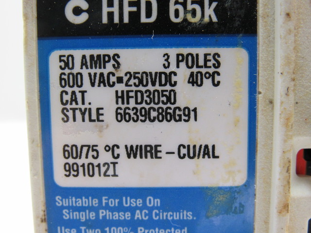 Cutler Hammer HFD3050 50A 3 Pole Circuit Breaker 600V | Bullseye ...
