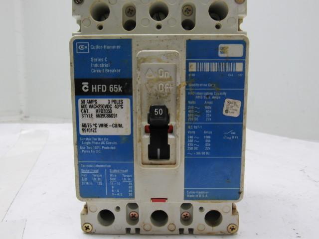 Cutler Hammer HFD3050 50A 3 Pole Circuit Breaker 600V | Bullseye ...
