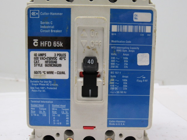 Cutler Hammer HFD3040 40A 3 Pole Circuit Breaker 600V | Bullseye ...