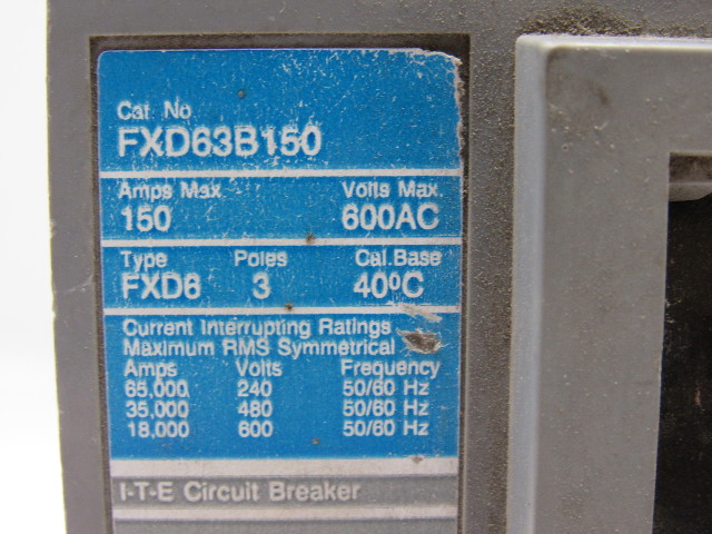 Siemens FXD63B150 ITE 3 Pole 150 Max Amp Molded Case Circuit Breaker ...