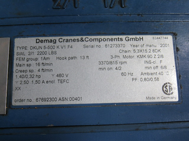 Demag DKUN 5-500 KV1 F4 2200Lb Electric Hoist 13' Lift 460V 2 Speed ...