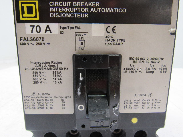 Square D FAL36070 Type S2 600VAC 250VDC 70 Amp 3 Pole Breaker ...