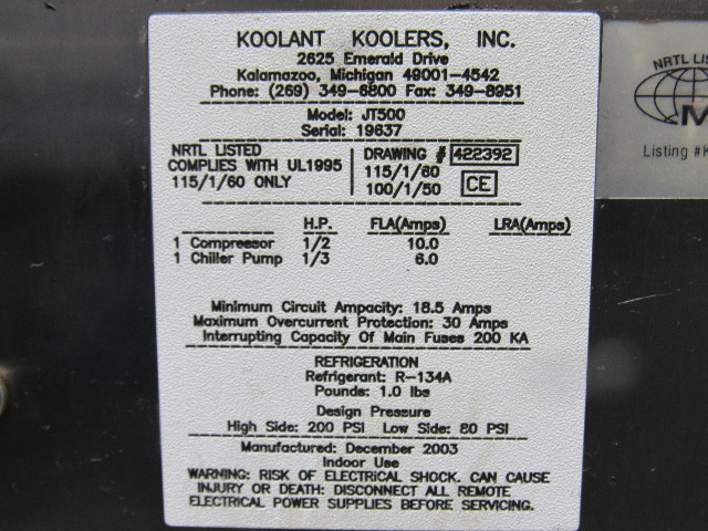 Koolant Koolers JT500 Mobile 5 Gallon Water Chiller 1/2Hp Compressor ...