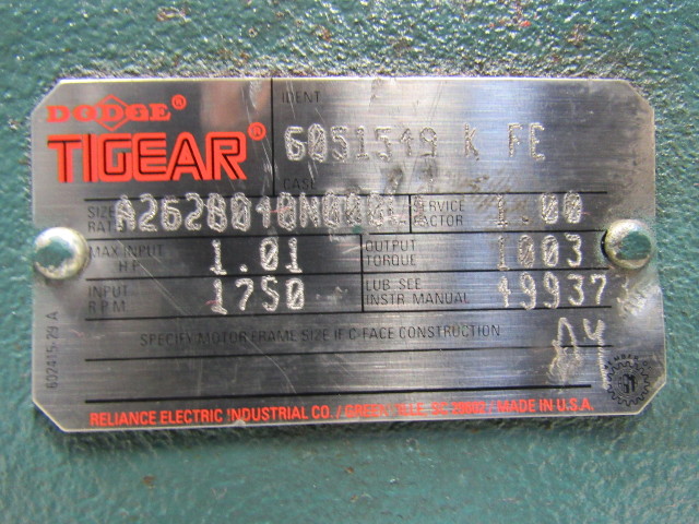 Dodge Tigear 40:1 43.75 RPM Output 460V 1Hp 1003# Torque Gear Motor 1-1 ...