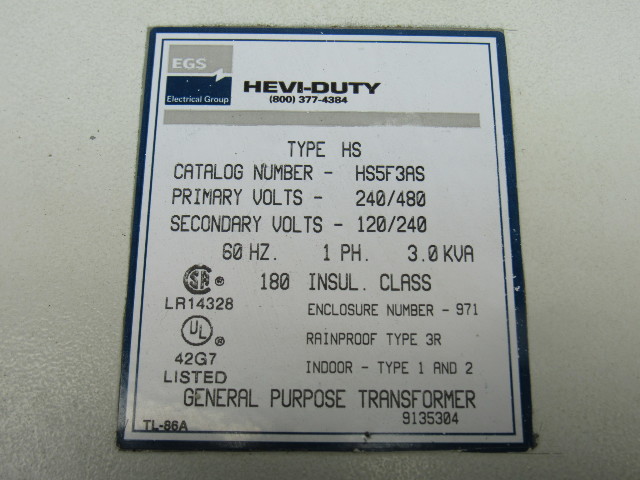 EGS HS5F3AS Hevi-Duty 240-480V Pri 120/240v Sec 3.0 Kva 60Hz 1Ph ...