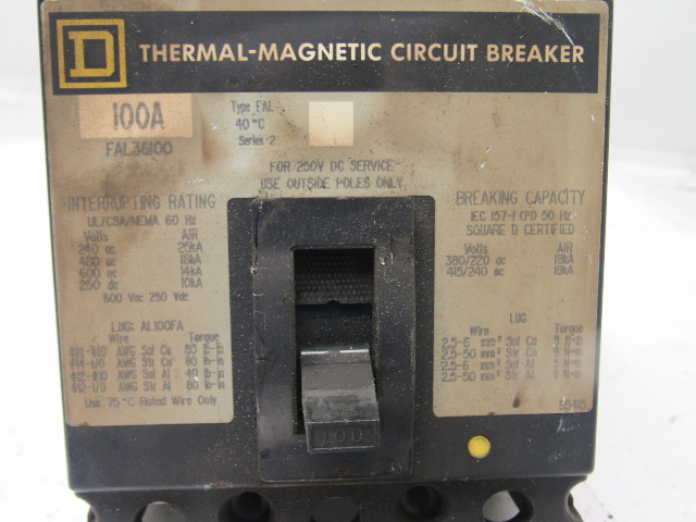 Square D FAL36100 600V 250VDC Thermal Magnetic Circuit Breaker Panel ...