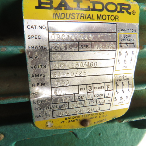 Baldor 20HP AC Electric Motor 1760RPM 208-230/460V 3PH 256T Frame 1-5/8 ...
