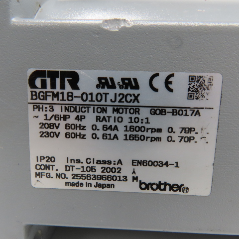 Brother BGFM18-010TJ2CX 1/6Hp 3Ph 208/230V 50/60Hz 1650RPM Induction ...