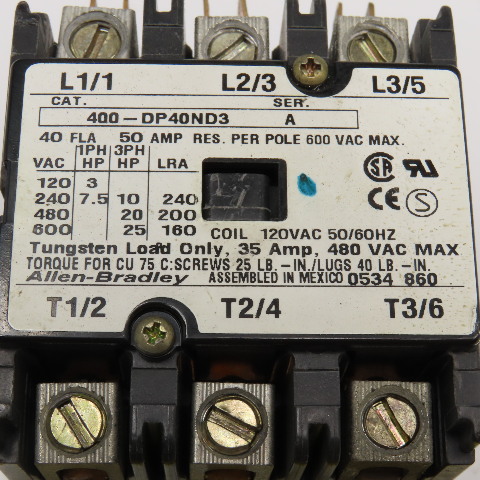 Allen Bradley 400-DP40ND3 600V 25Hp 50A Max Contactor 120V Coil ...