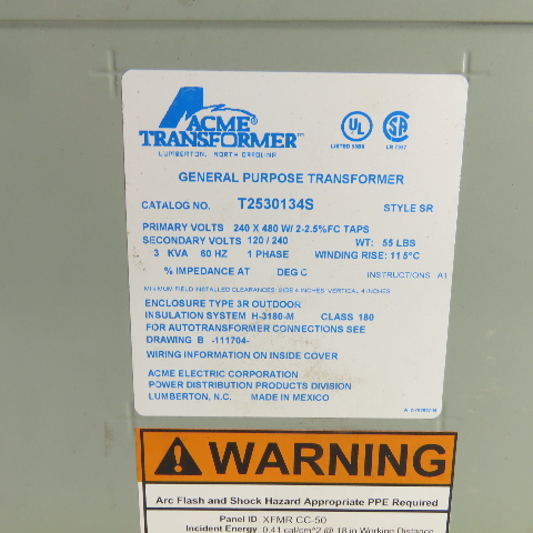 Acme T2530134S 3kVA General Purpose Transformer Pri 240-480V Sec 120 ...