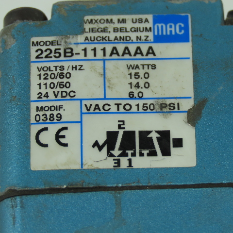 MAC 225B-111AAAA 120V Solenoid Valve 50/60Hz VAC To 150PSI | Bullseye ...