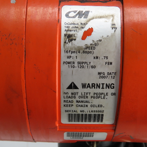 CM Model L Lodestar 1-Ton Single Phase Electric Chain Hoist 20' Lift ...