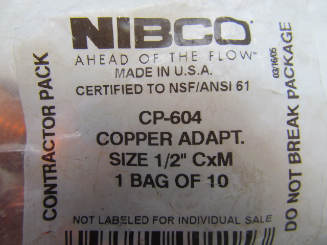Nibco CP-604 1/2" CxM Copper x Male Threaded Adapter Fitting 1/2" Lot ...
