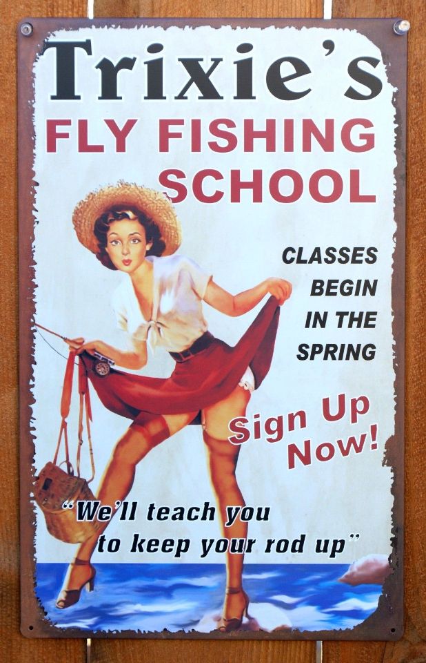 Trixies Fly Fishing School Tin Sign Pin Up Girl Country Cabin Outdoors ...