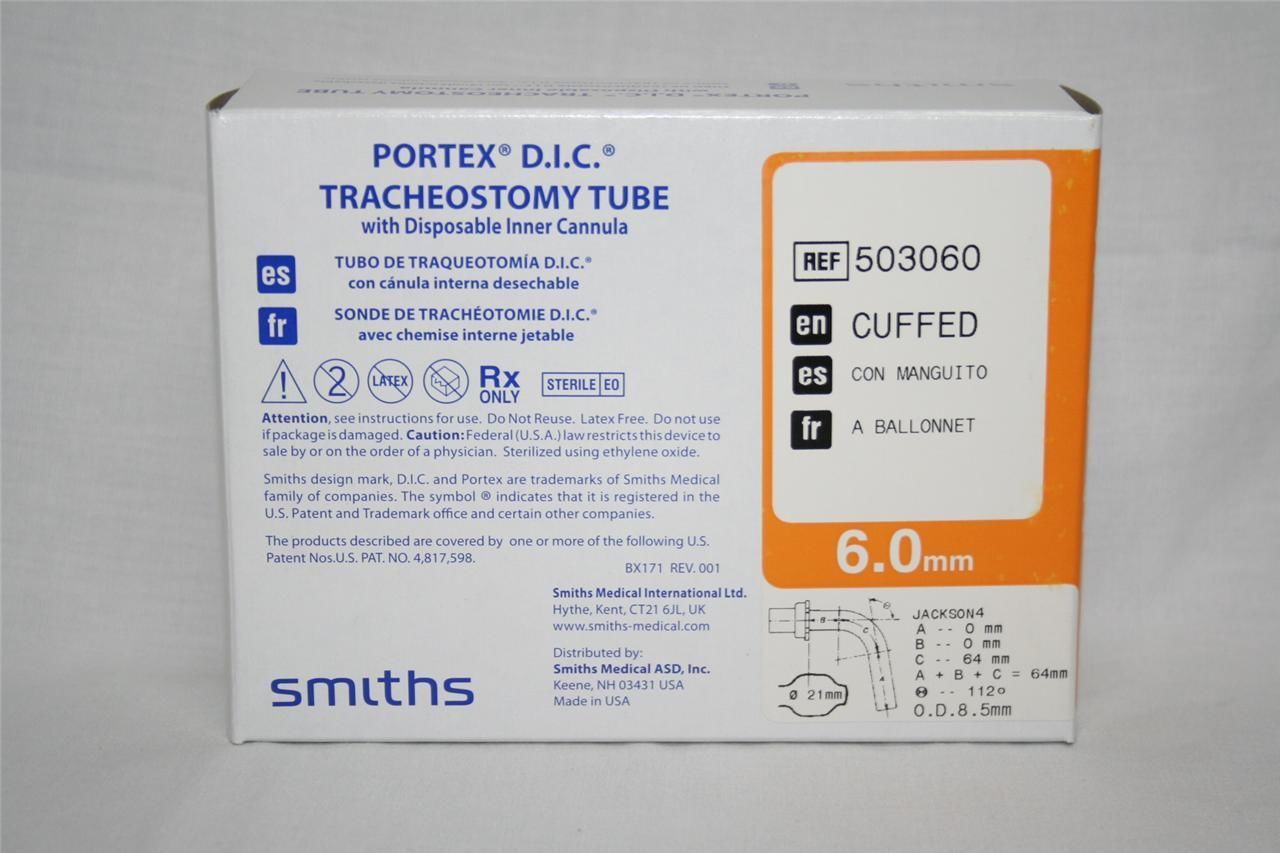 * SMITHS MEDICAL PORTEX DIC TRACHEOSTOMY TRACH CUFFED TUBE 6mm P/N ...