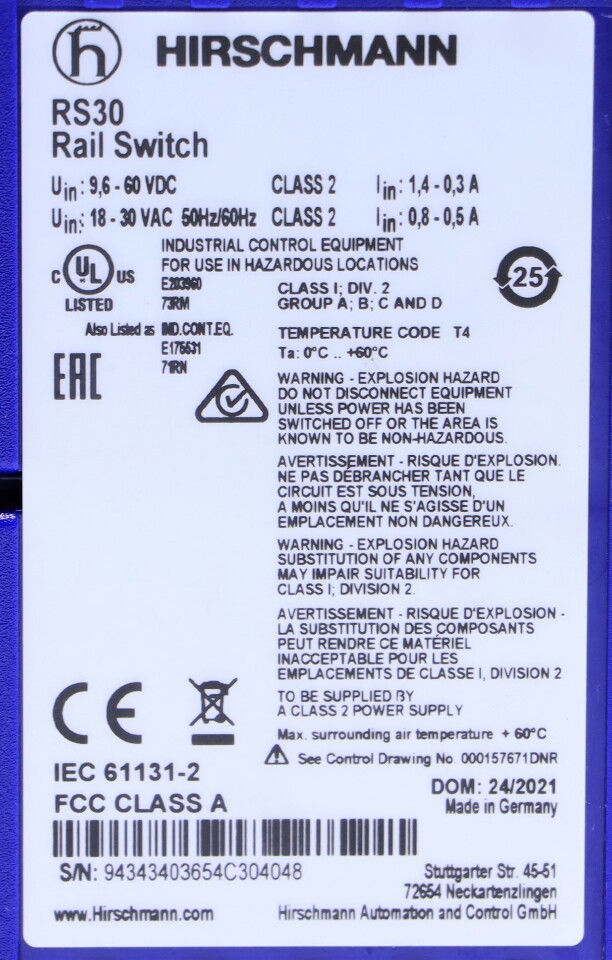 HIRSCHMANN RS30 RS30-1602O6O6SDAPHH09.1.00 16-PORT ETHERNET SWITCH ...