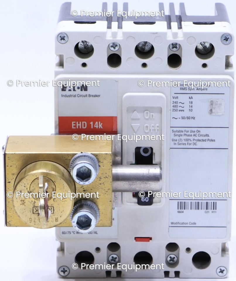 * EATON EHD3060 60A 480VAC 250VDC 3 POLE CIRCUIT BREAKER W/ KIRK S018 ...