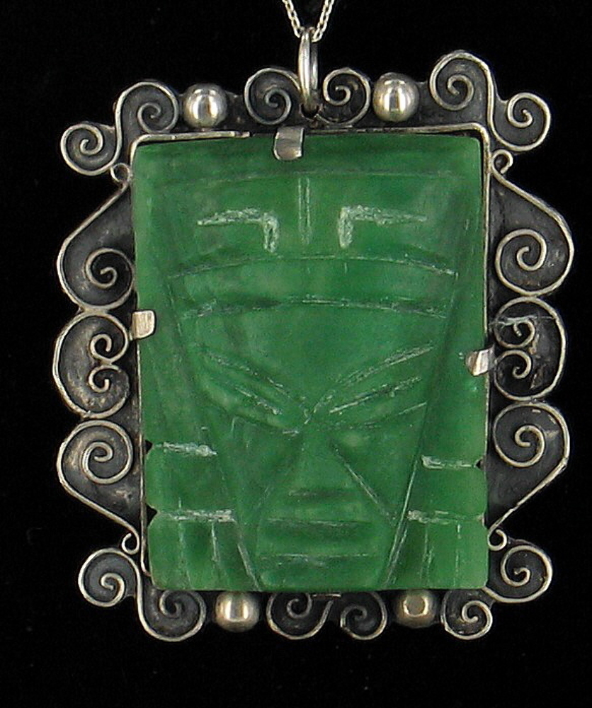 VINTAGE STERLING SILVER MEXICO AZTEC JADE CARVED SCROLLS FACE PIN ...
