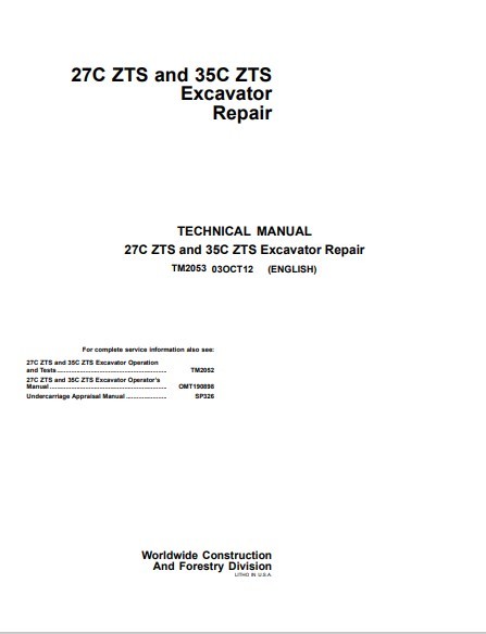 John Deere 27C ZTS 35C ZTS Excavator Repair Manual JD TM2053 Service ...