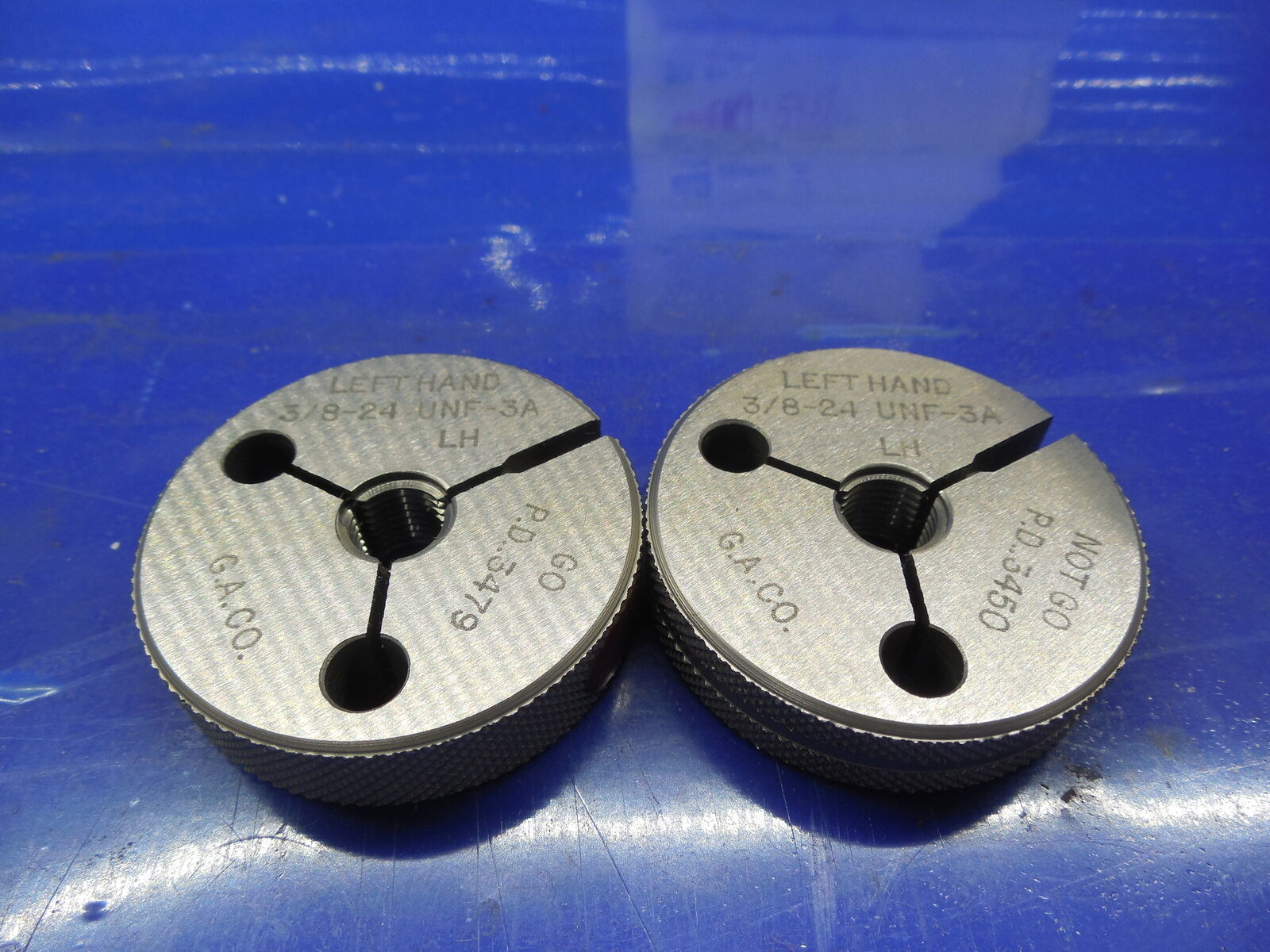 CERTIFIED 3 8 24 UNF 3A LEFT HAND THREAD RING GAGES 375 GO NO GO certified-3-8-24-unf-3a-left-hand-thread-ring-gages-375-go-no-go