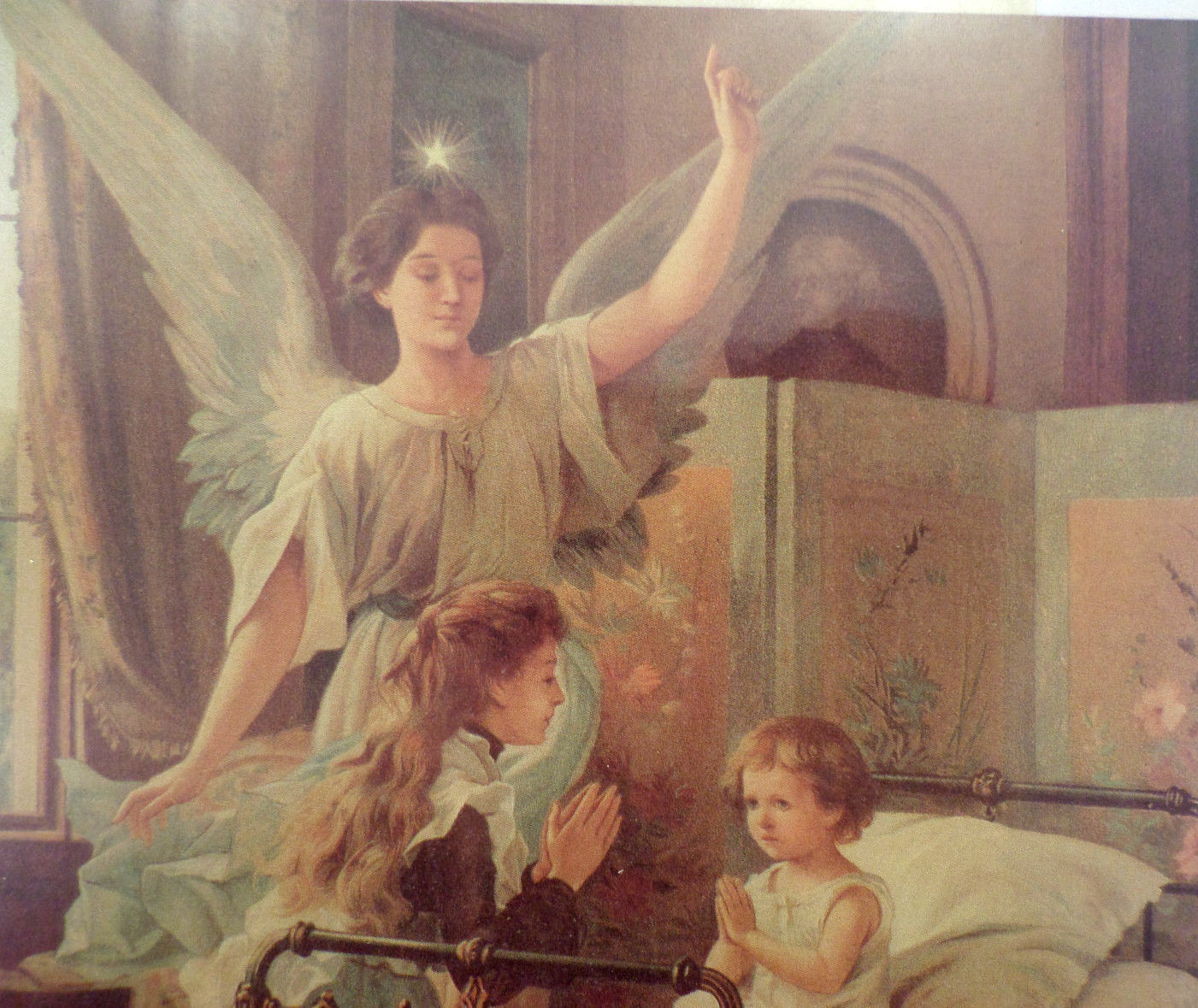 Victorian Lithograph Print Picture Angel With Children Praying 5" X 7 ...