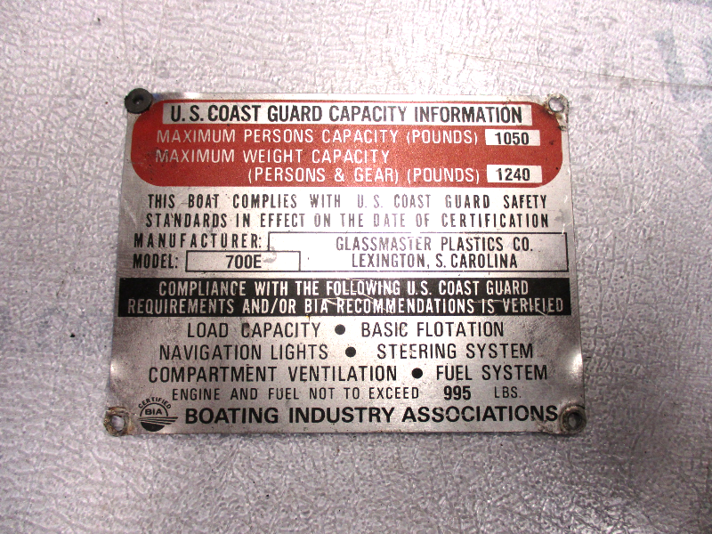 Vintage U.S. Coast Guard Capacity Plate for Glassmaster 700E | Green ...