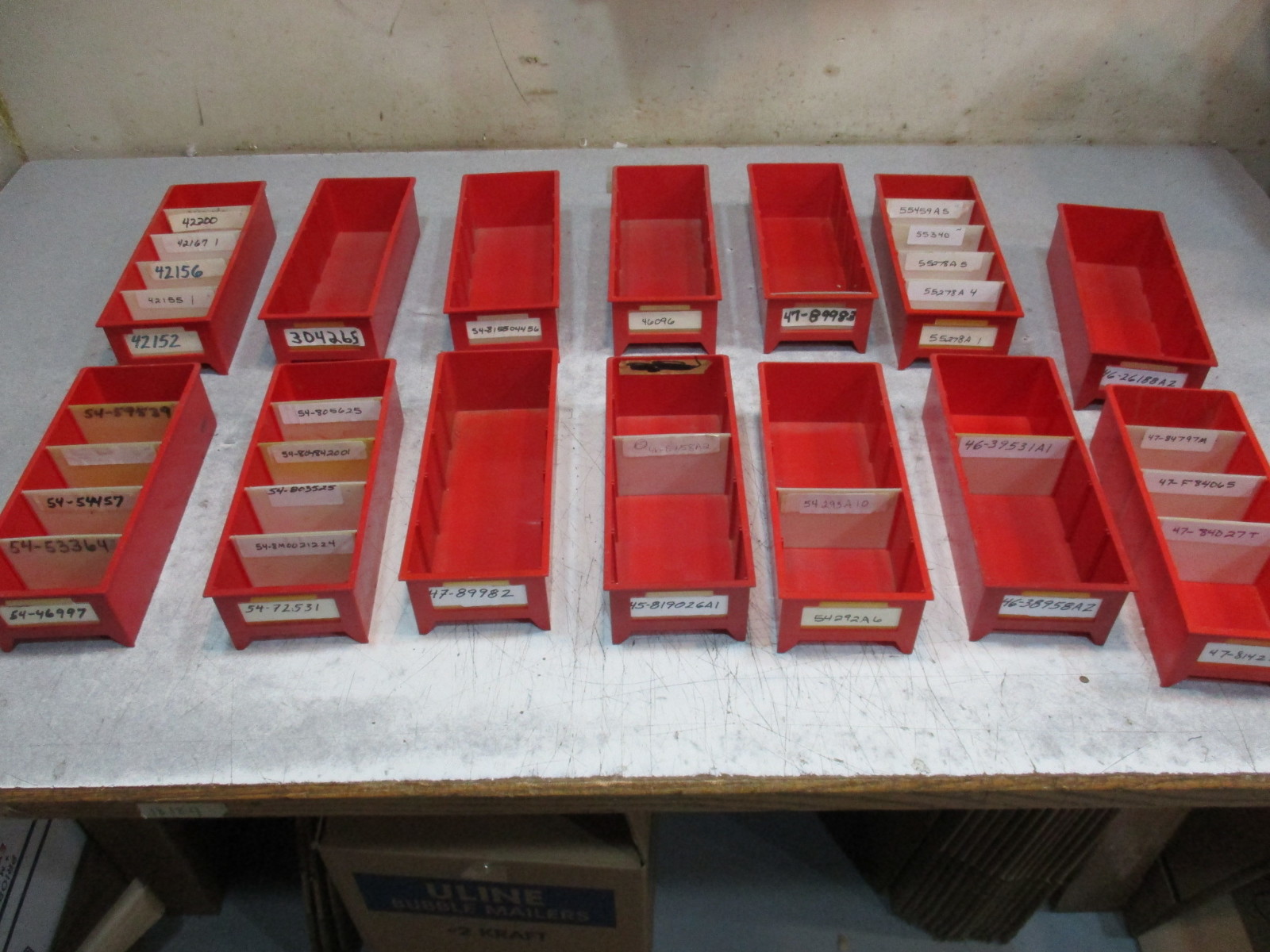 Lot of 14 RED Plastic Parts Storage Bins 5 W x 12 L x 3 1/4 H Maximize ...