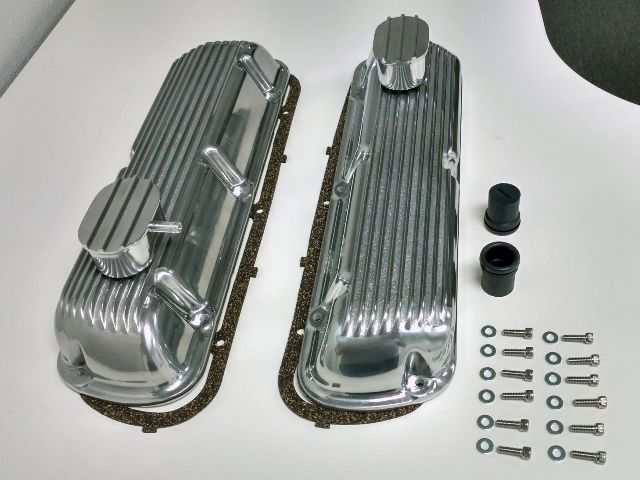 SB Ford Finned Aluminum Valve Cover w/ Breather Kit SBF V8 260 289 302 ...