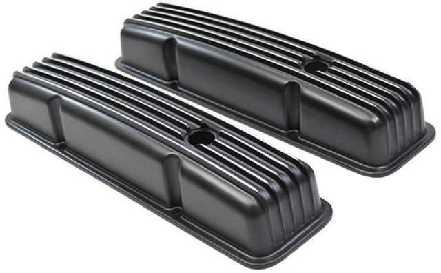 1958-86 SBC Chevy Black Aluminum Finned Valve Covers Set w Hole Short ...